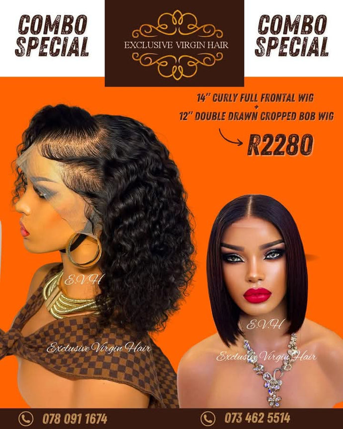 14" Curly Full Frontal Wig PLUS 12" Double Drawn Cropped Bob Wig ...